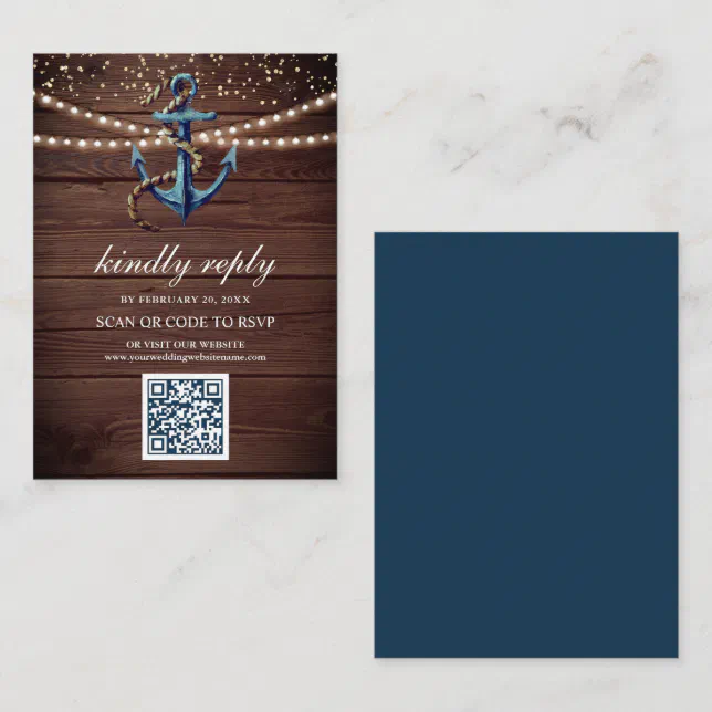 Rustic Wood Navy Blue Anchor QR Code RSVP Wedding Enclosure Card | Zazzle