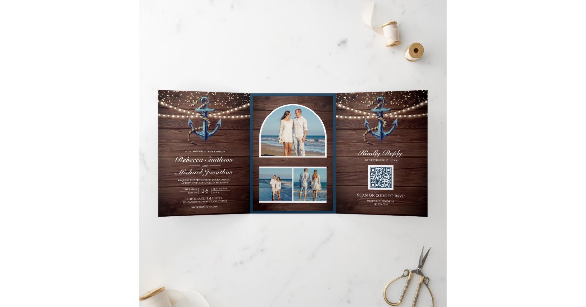 Rustic Wood Navy Blue Anchor QR Code Wedding Tri-Fold Invitation | Zazzle