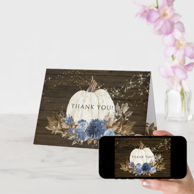 Rustic Wood Navy Blue Floral Fall Pumpkin Thanks Card | Zazzle