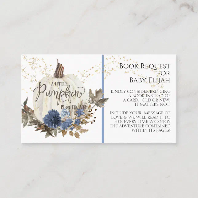 Rustic Wood Navy Blue Floral Pumpkin Book Request Business Card | Zazzle