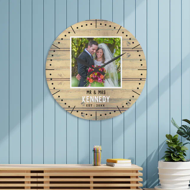 Rustic Wood Newly Wed Photo Wedding Anniversary Clock | Zazzle