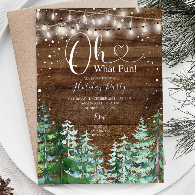 Rustic Wood Oh What Fun Pine Trees Holiday Party Invitation | Zazzle