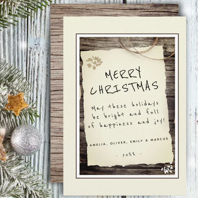 Rustic Wood Old Paper Script Merry Christmas Holiday Card | Zazzle