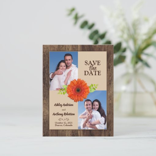 Rustic Wood Orange Daisy Photo Save the Date Announcement | Zazzle