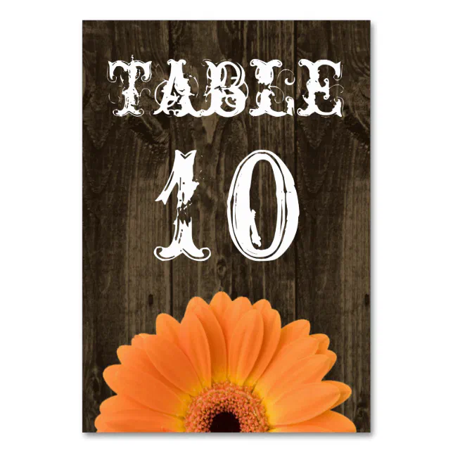 Rustic Wood Orange Daisy Wedding Table Number Card | Zazzle