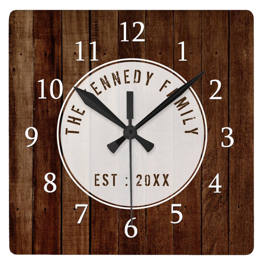 Rustic Wood Pallet Family Name Square Wall Clock | Zazzle
