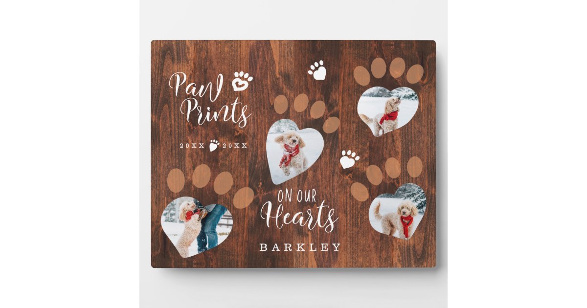 Rustic Wood Paw Prints on Our Hearts Photo Memory Plaque | Zazzle