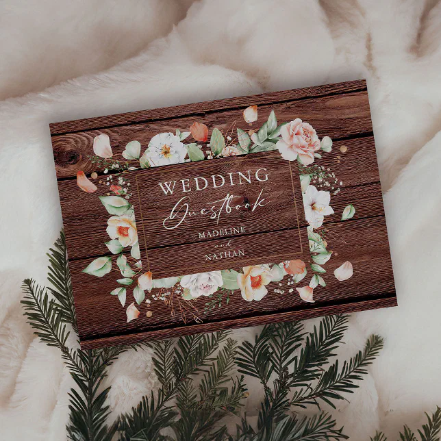 Rustic Wood & Peach Floral Wedding Guest Book | Zazzle