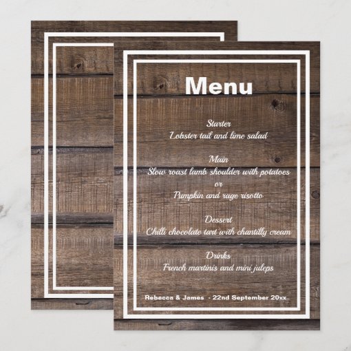 Rustic Wood Personalised Wedding Menu | Zazzle