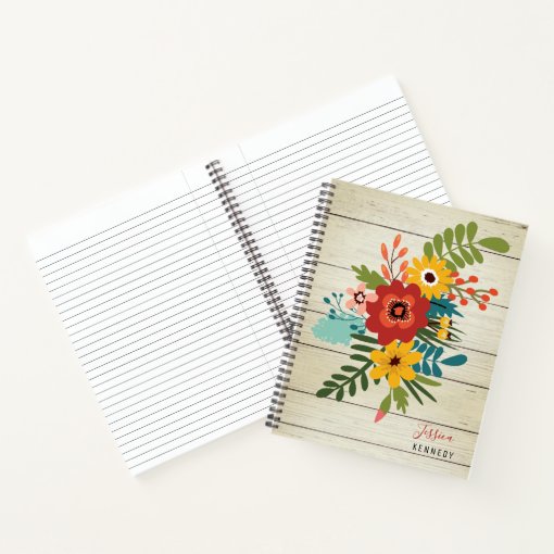 Rustic Wood Personalized Name Colorful Floral Notebook | Zazzle