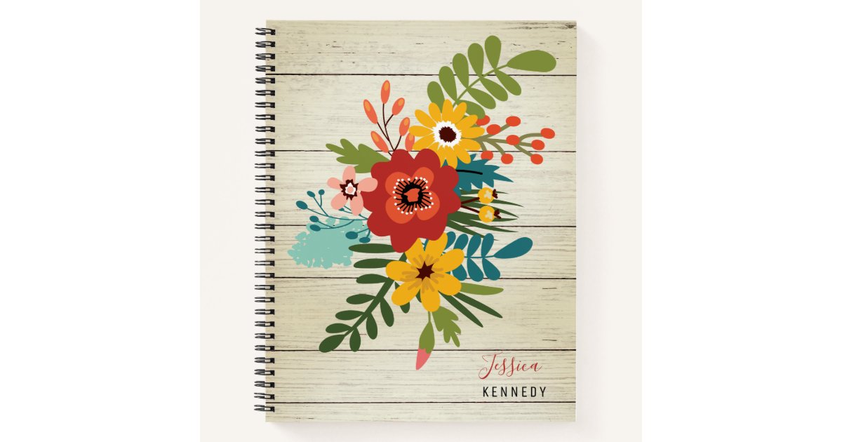 Rustic Wood Personalized Name Colorful Floral Notebook | Zazzle