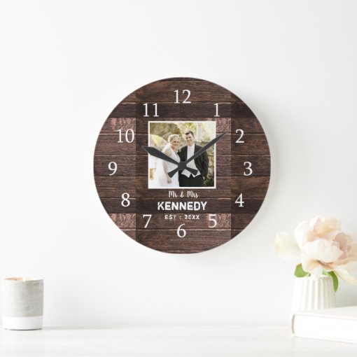 Rustic Wood Personalized Photo Wedding Anniversary Large Clock | Zazzle