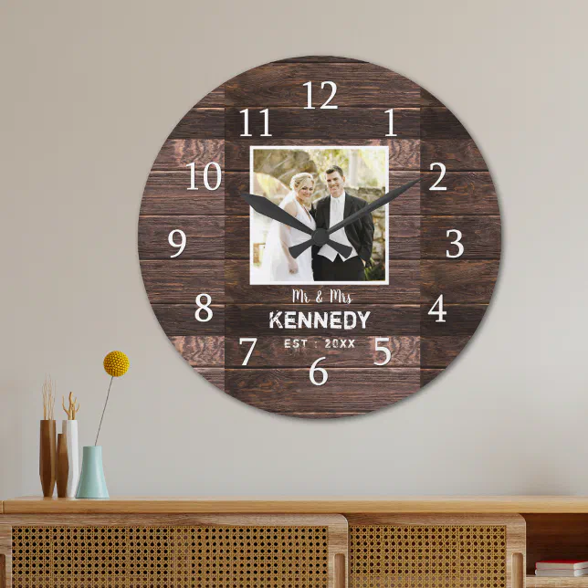 Rustic Wood Personalized Photo Wedding Anniversary Large Clock | Zazzle