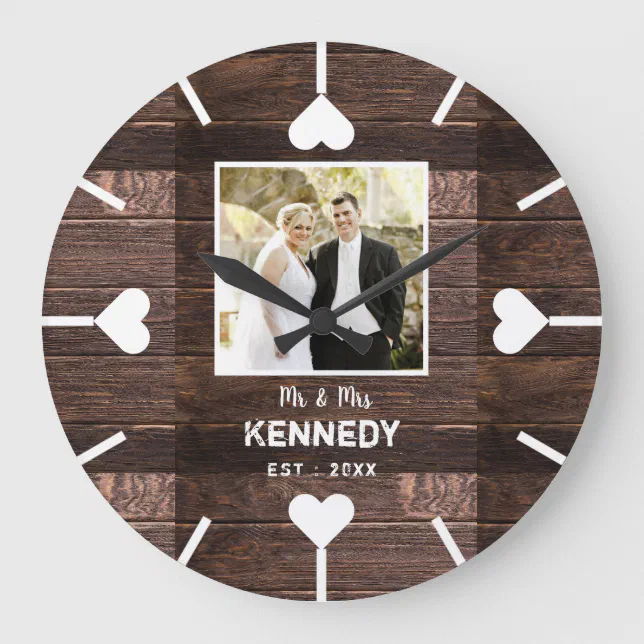 Rustic Wood Personalized Wedding Anniversary Photo Large Clock | Zazzle