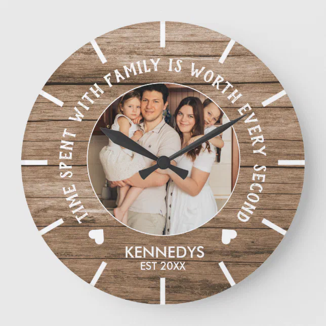 Rustic Wood Photo Family Name Quote Large Clock | Zazzle