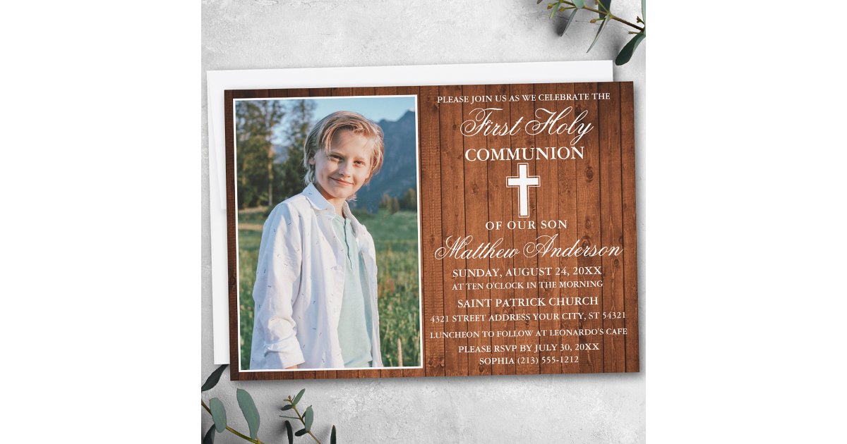 Rustic Wood Photo First Holy Communion Invitation | Zazzle
