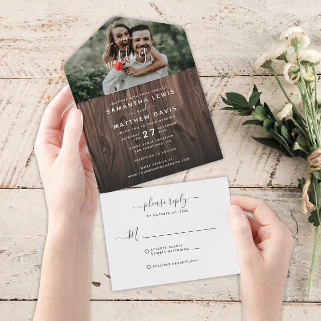 Rustic Wood Photo Outdoor Wedding All In One Invitation | Zazzle