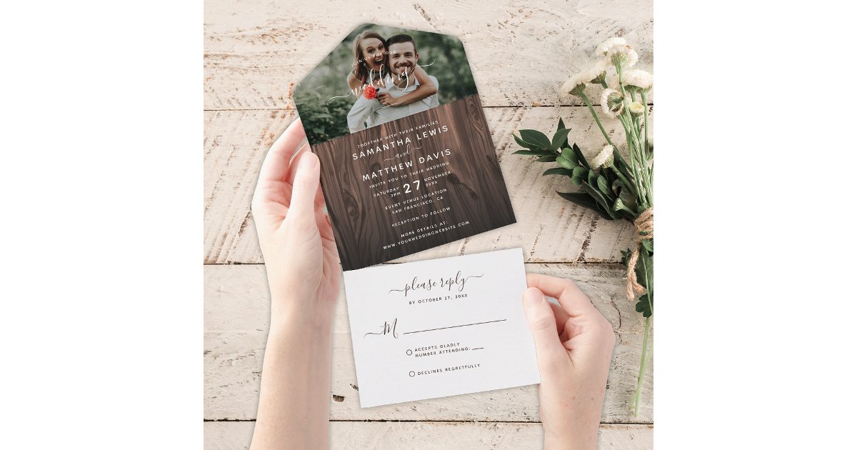 Rustic Wood Photo Outdoor Wedding All In One Invitation | Zazzle