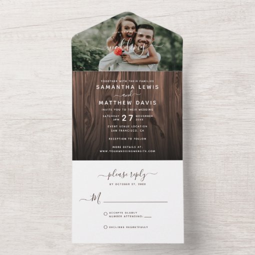 Rustic Wood Photo Outdoor Wedding All In One Invitation | Zazzle
