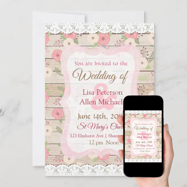 Rustic Wood Pink and Tan Floral Wedding Invitation | Zazzle
