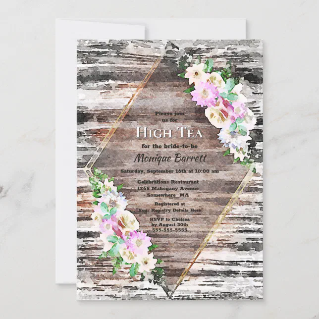 Rustic Wood Pink Floral Geometric Bridal High Tea Invitation | Zazzle