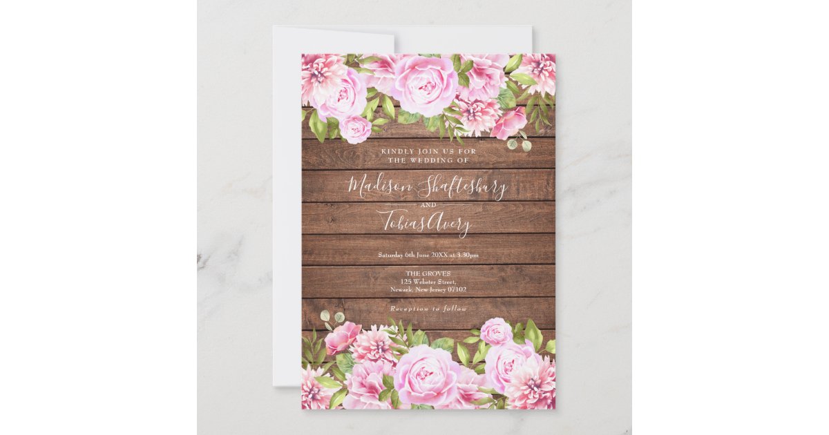 Rustic Wood Pink Floral Wedding Invitation | Zazzle