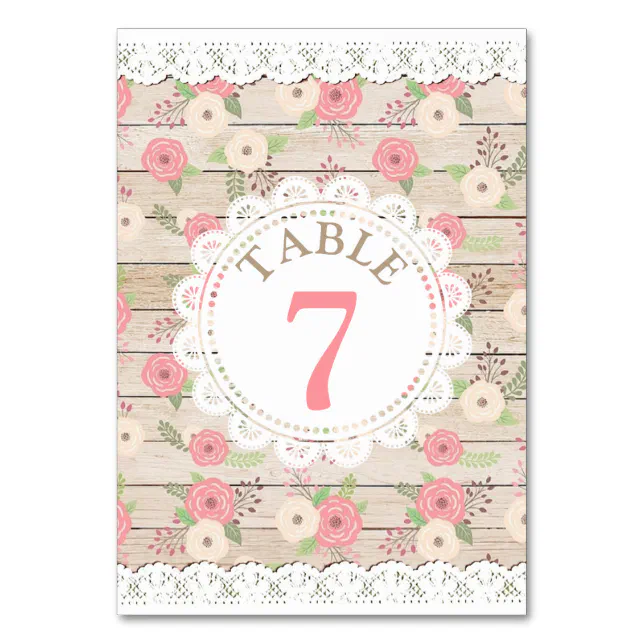 Rustic Wood Pink Flowers Wedding Table Number Card | Zazzle