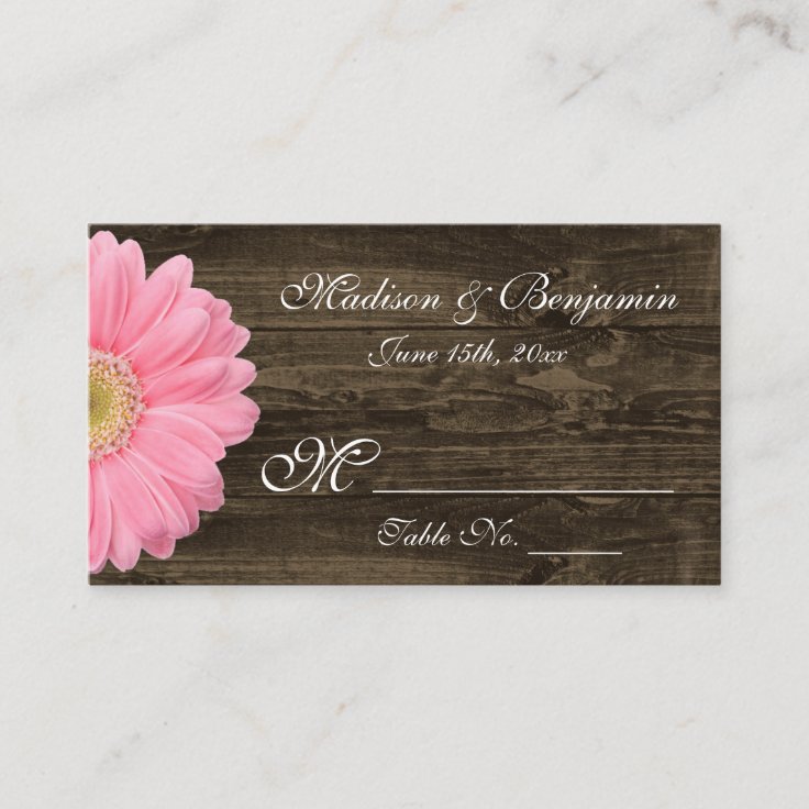 Rustic Wood Pink Gerber Daisy Wedding Place Cards | Zazzle