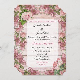 Rustic Wood Pink Rose Elegant Wedding Invitations | Zazzle