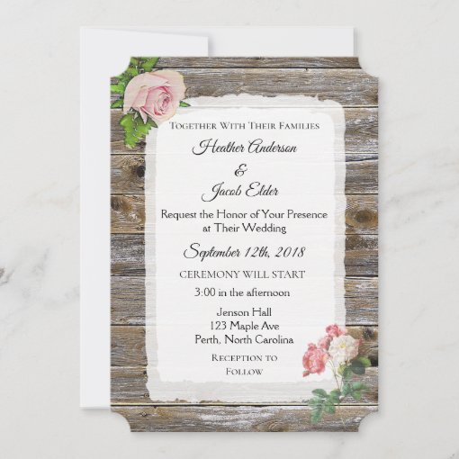 Rustic Wood Pink Rose Elegant Wedding Invitations | Zazzle