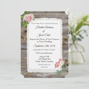Rustic Wood Pink Rose Elegant Wedding Invitations | Zazzle