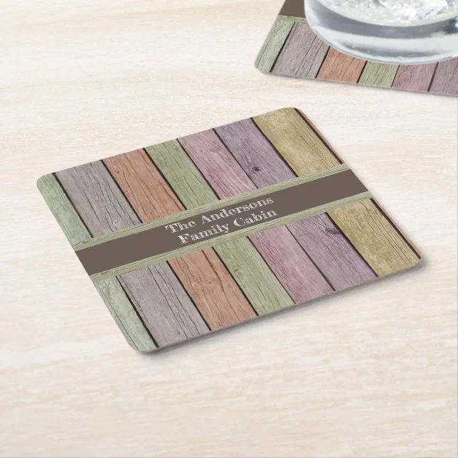 Rustic Wood Plank Family Cabin Customizable Square Paper Coaster | Zazzle