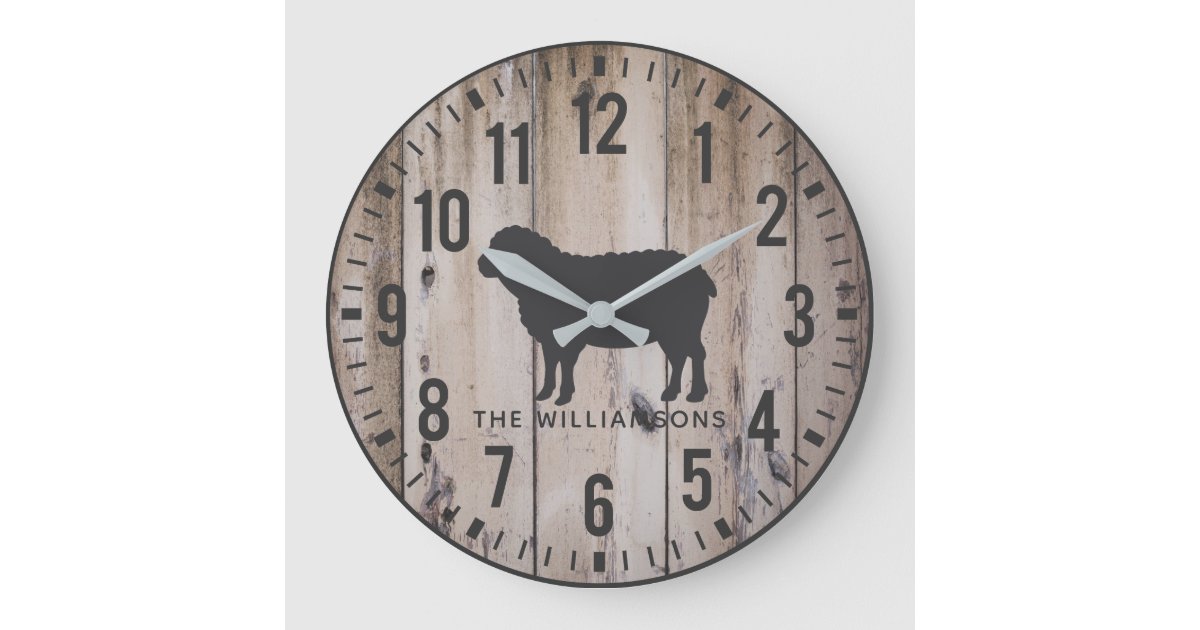 Rustic Wood Planks Custom Family Name Sheep Larg Large Clock | Zazzle