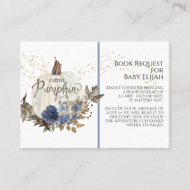 Rustic Wood Pumpkin Navy Blue Floral Book Request Business Card | Zazzle