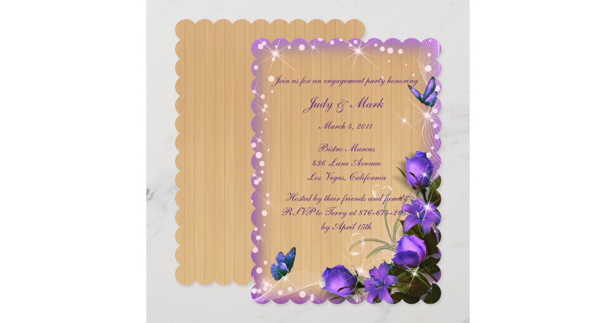 Rustic Wood Purple Floral Wedding Engagement Party Invitation | Zazzle