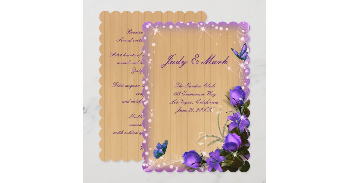 Rustic Wood Purple Floral Wedding Menu Card | Zazzle