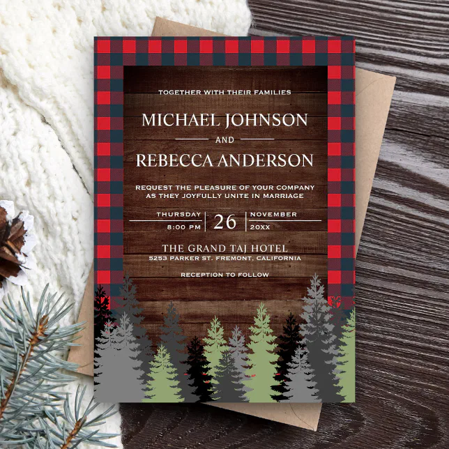 Rustic Wood Red Buffalo Plaid Evergreen Wedding Invitation | Zazzle