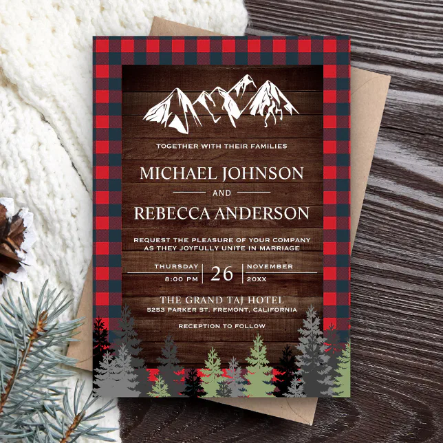 Rustic Wood Red Buffalo Plaid Mountain Wedding Invitation | Zazzle