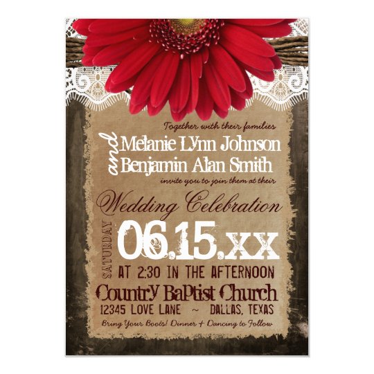 Rustic Wood Red Daisy Country Wedding Invitations | Zazzle.com