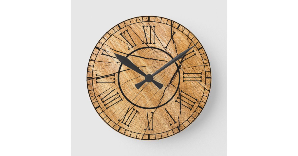 Rustic Wood Roman Numeral Round Clock | Zazzle
