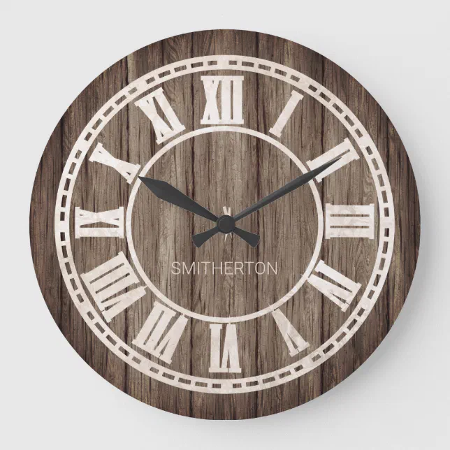 Rustic Wood Roman Numerals Country Farmhouse Name Large Clock | Zazzle