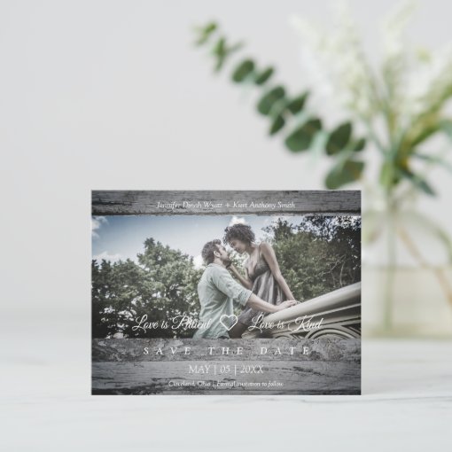 Rustic Wood Romantic Photo Engaged Couple Wedding Postcard | Zazzle