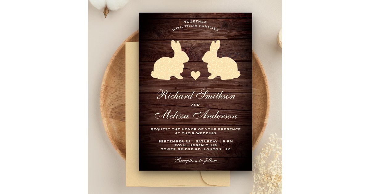 Rustic Wood Romantic Rabbits Wedding Invitation | Zazzle