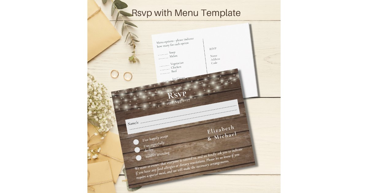 Rustic Wood RSVP with Menu Template | Zazzle