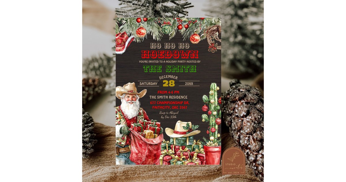 Rustic Wood Santa Hoedown Holiday Christmas Party Invitation | Zazzle