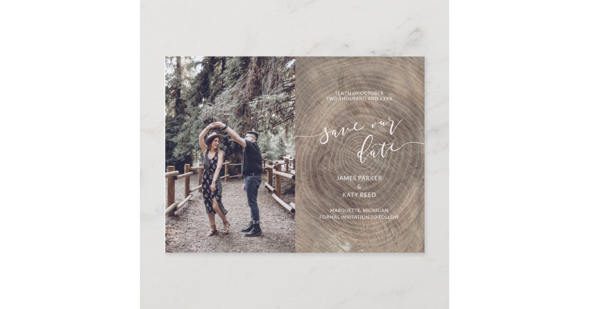 Rustic wood save the date photo postcard | Zazzle
