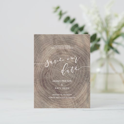 Rustic wood save the date postcard | Zazzle