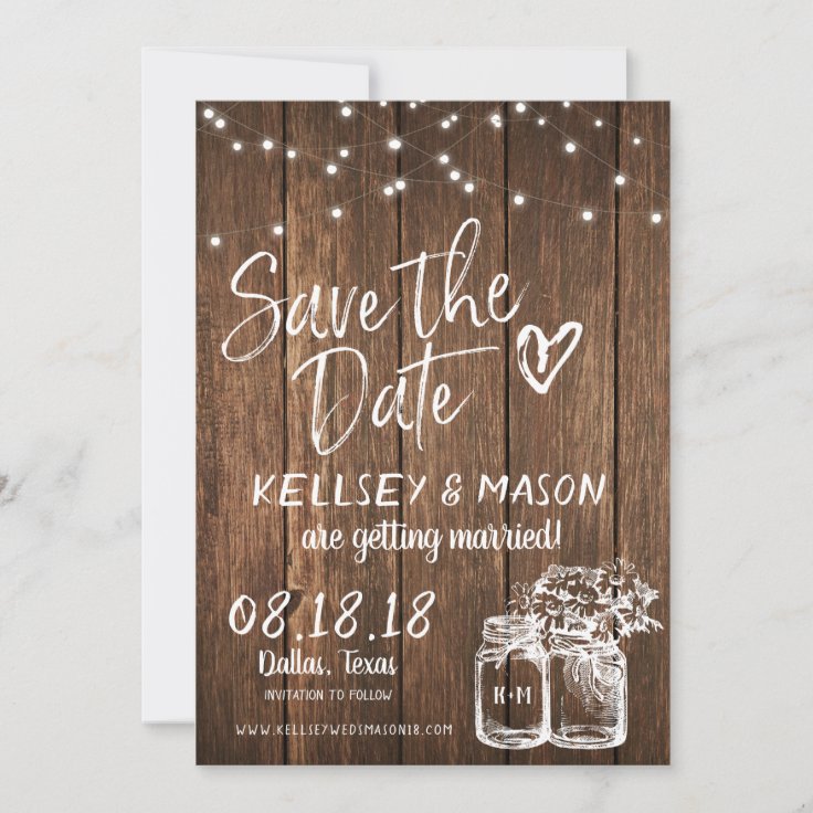 Rustic Wood Save the Date with Mason Jars & Lights Invitation | Zazzle