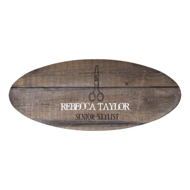 Rustic Wood Scissors Logo Salon Employee Name Tag | Zazzle