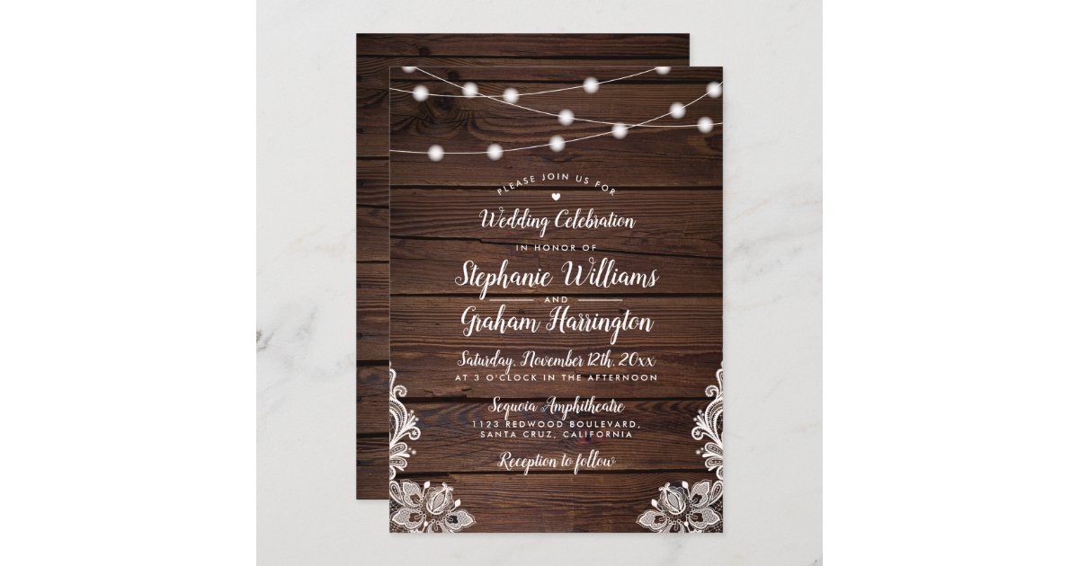 Rustic Wood Script String Lights & Lace Wedding Invitation | Zazzle